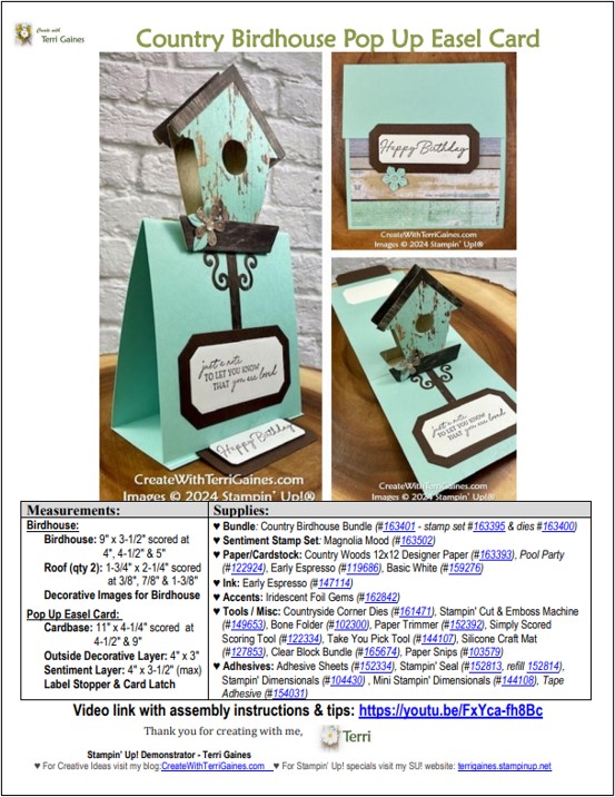Country Birdhouse Pop Up Easel Card with FREE PDF Project Sheet ...